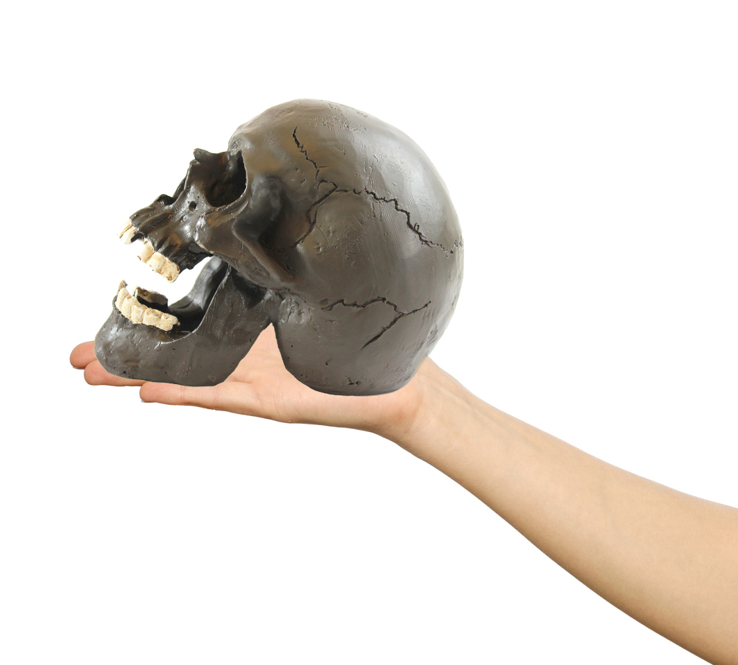 Creepy Halloween Human Skull Sculpture with Mouth Open, Black